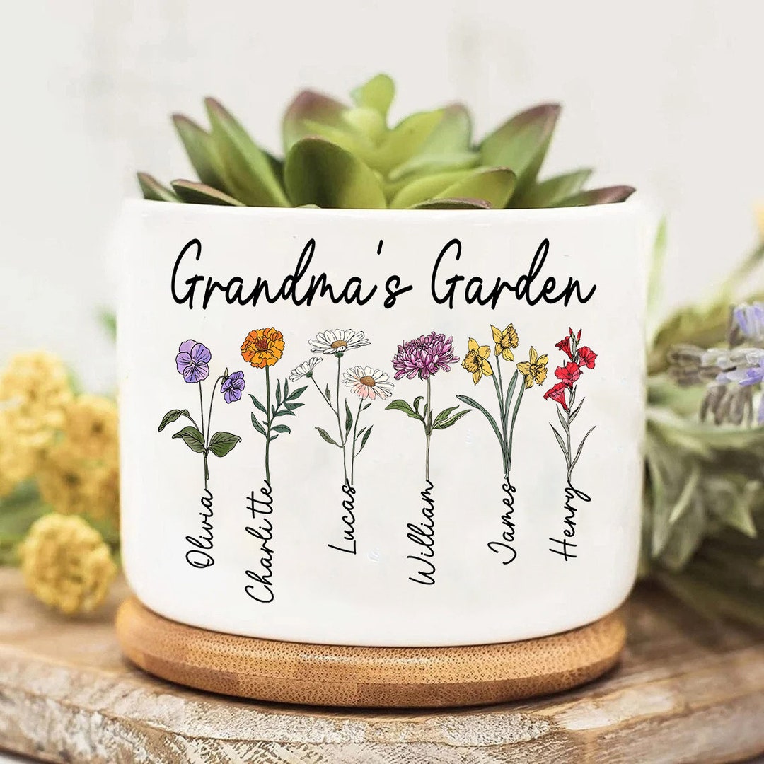 Personalized Birth Month Flower Plant Pot, Grandma's Garden Plant Pot ...