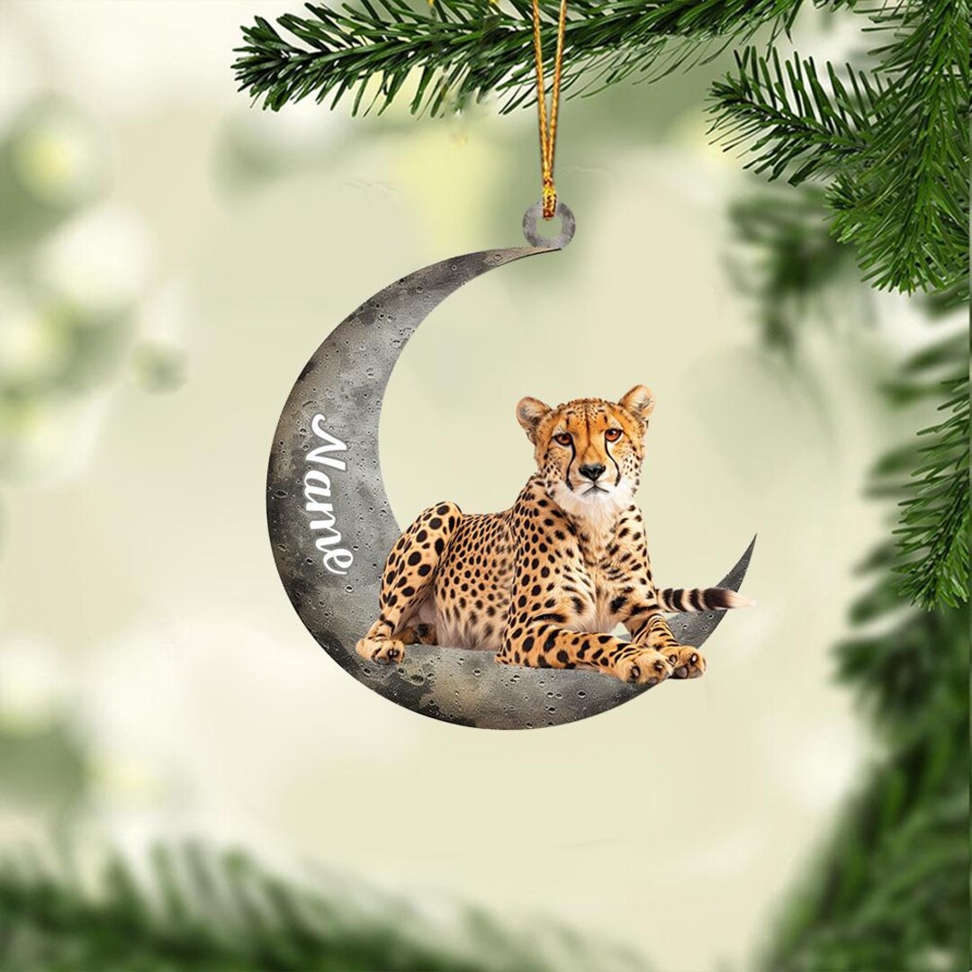 Personalized Cheetah Christmas Light Ornament, Cheetah on Moon Hanging ...