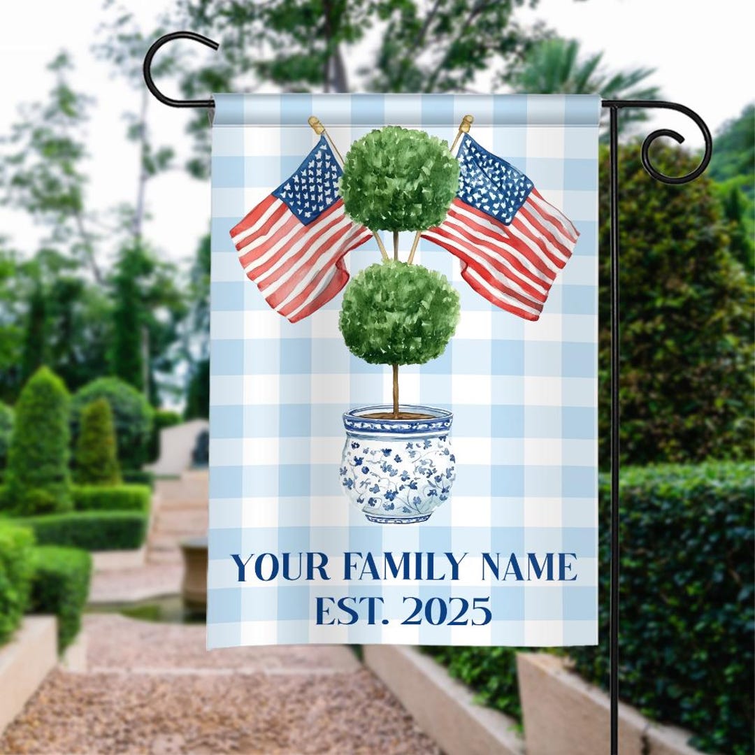 Personalized Chinoiserie Topiary Double-sided Flag, Preppy Blue White ...