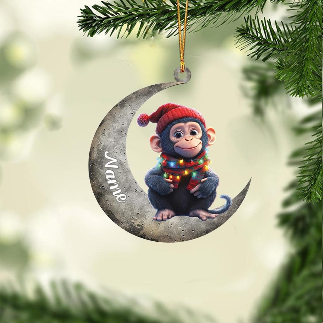 Personalized Monkey Christmas Light Ornament, Monkey on Moon Hanging ...