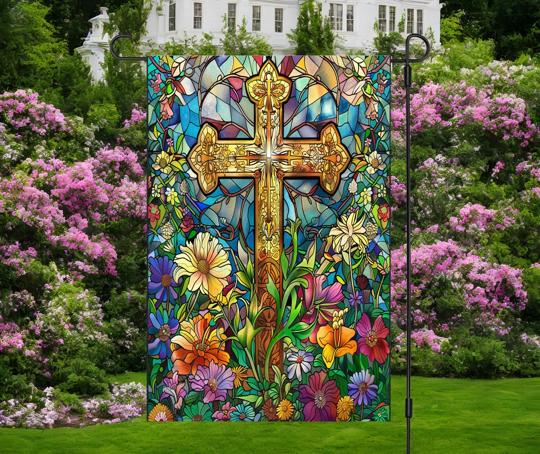 Floral Cross Garden Flag, Christian Cross Garden Flag, Divine Cross ...