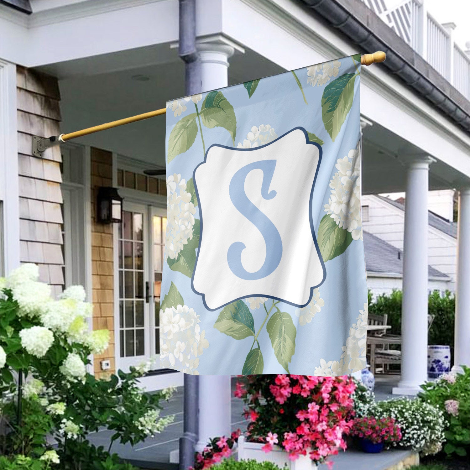 Personalized Chinoiserie Hydrangea Floral Double-sided Flag, Preppy ...
