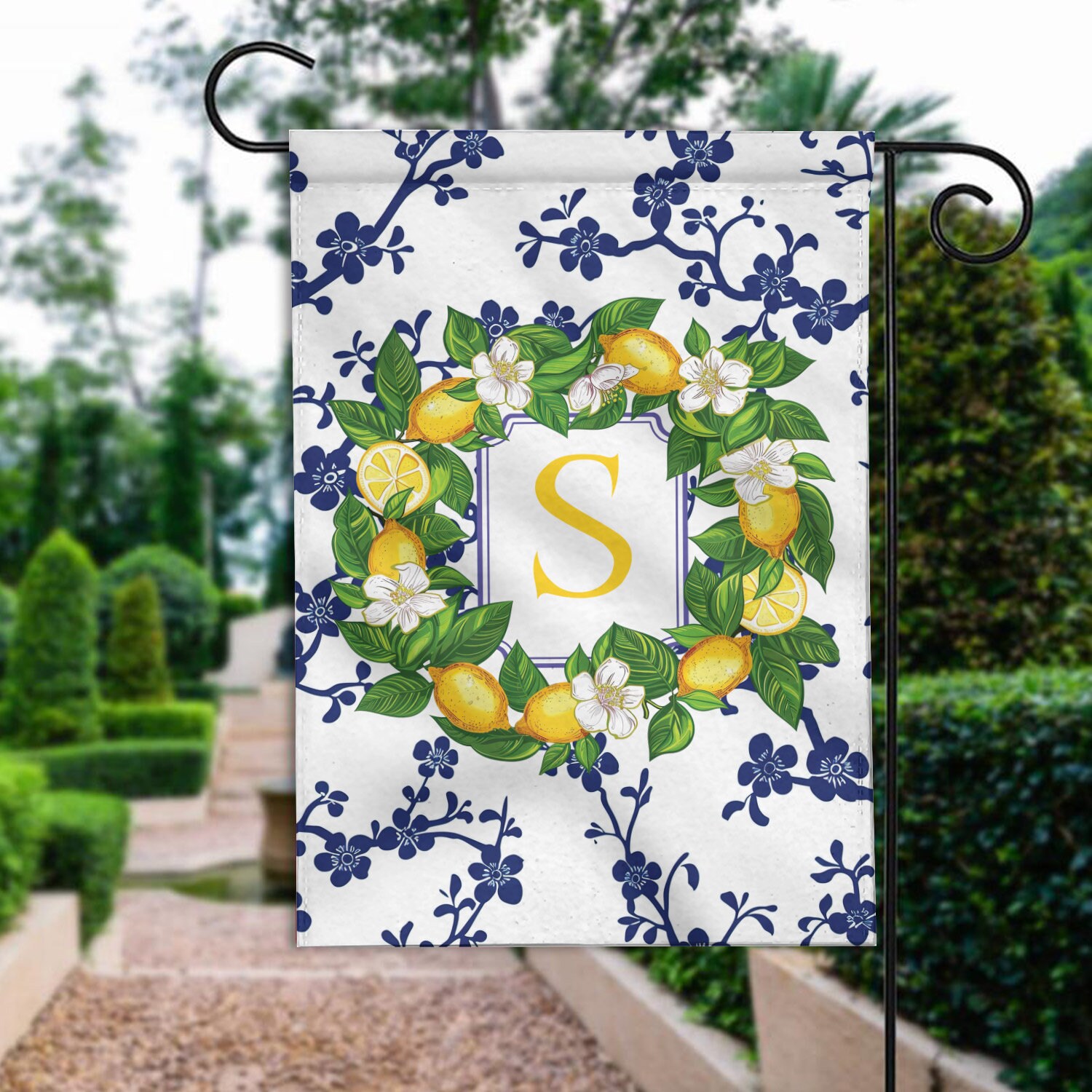 Personalized Chinoiserie Lemon Garden Double-sided Flag, Preppy Blue ...