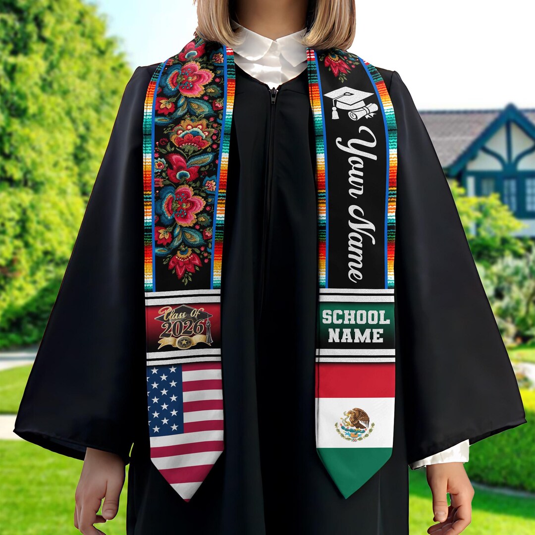 Custom Floral Mexico Graduation Stole 2026, 2026 Mexican American Flag ...