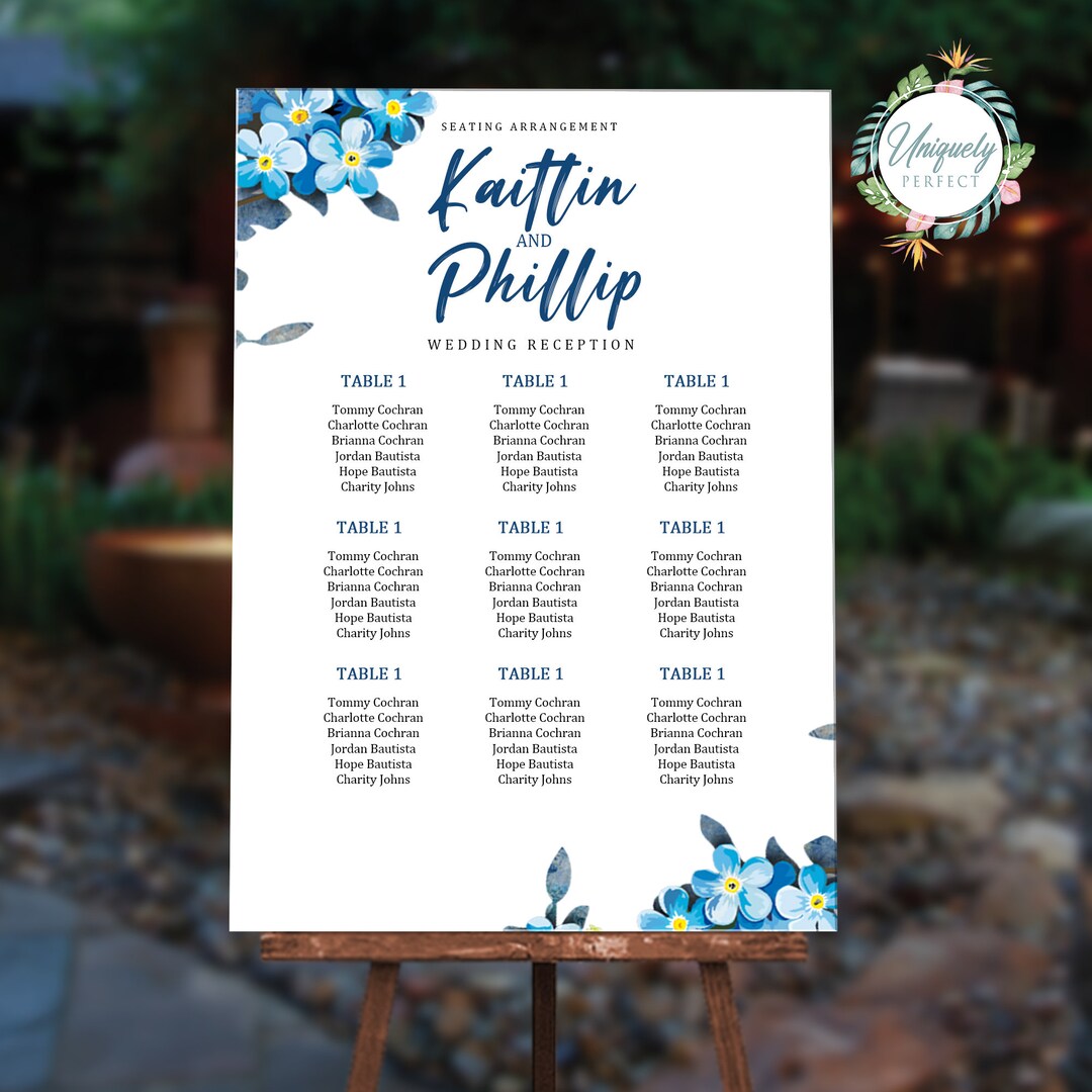 Blue and White Casual Elegance Wedding Seating Chart, Simple Wedding ...