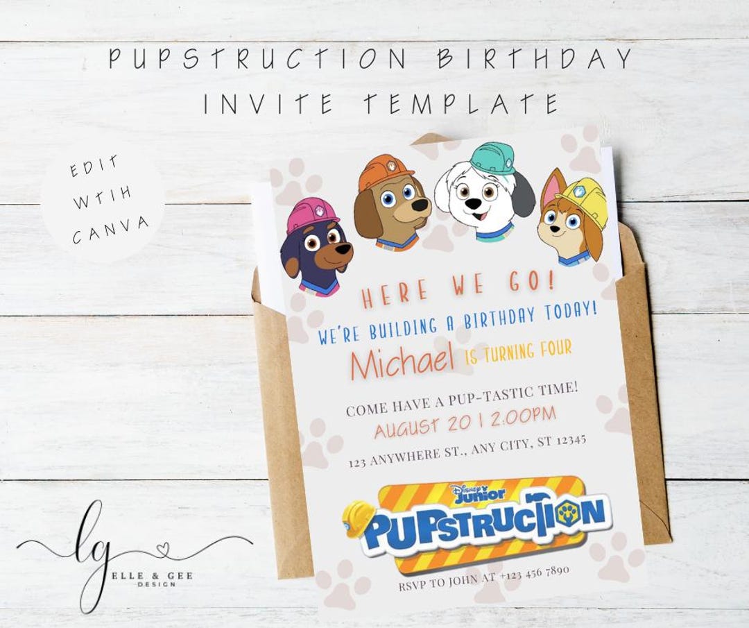 Pupstruction "we Build" Birthday Invite | Editable Birthday Invite ...