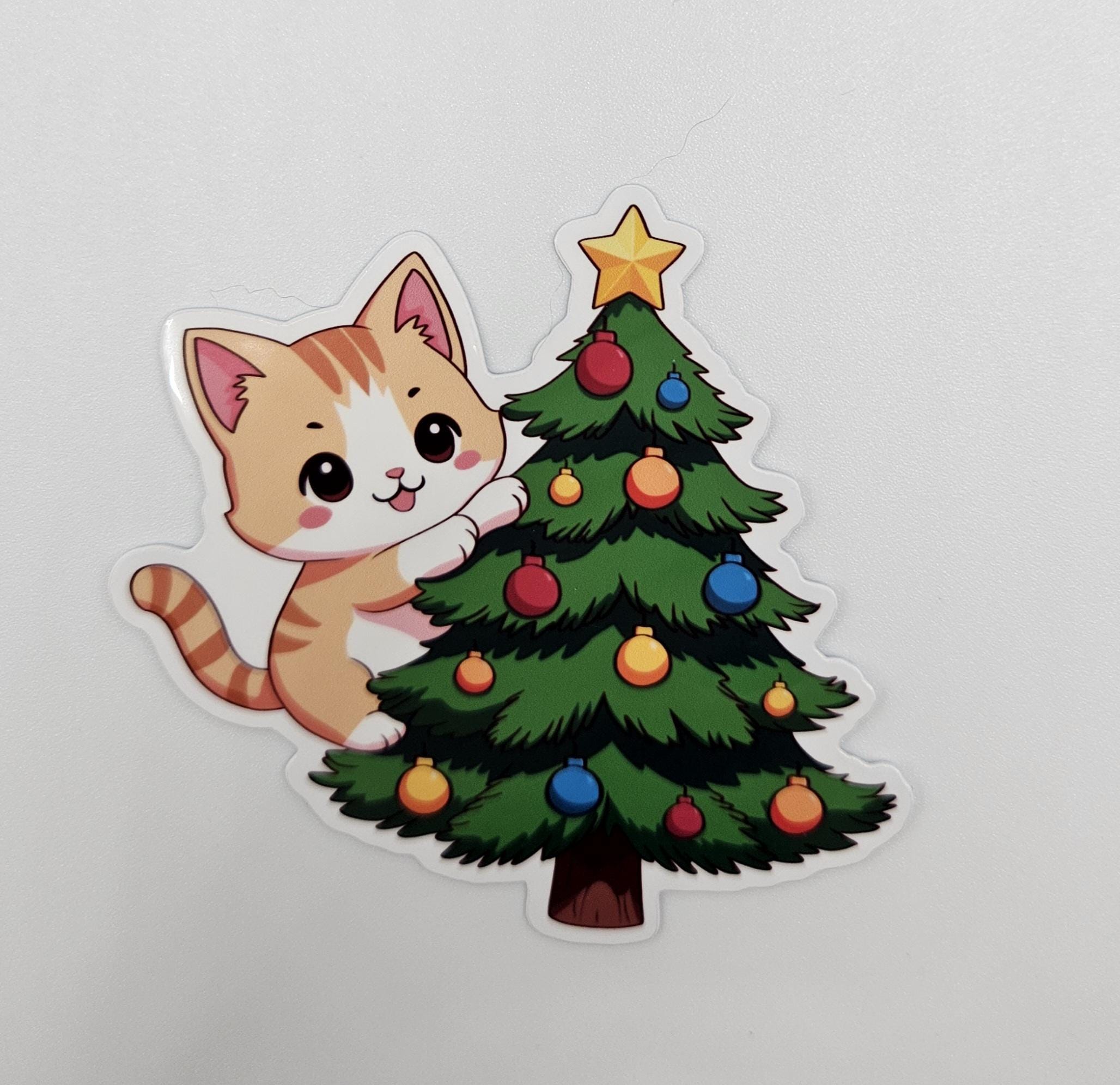Christmas Cat Sticker | Cute Holiday Kitten Vinyl Decal | Kawaii ...