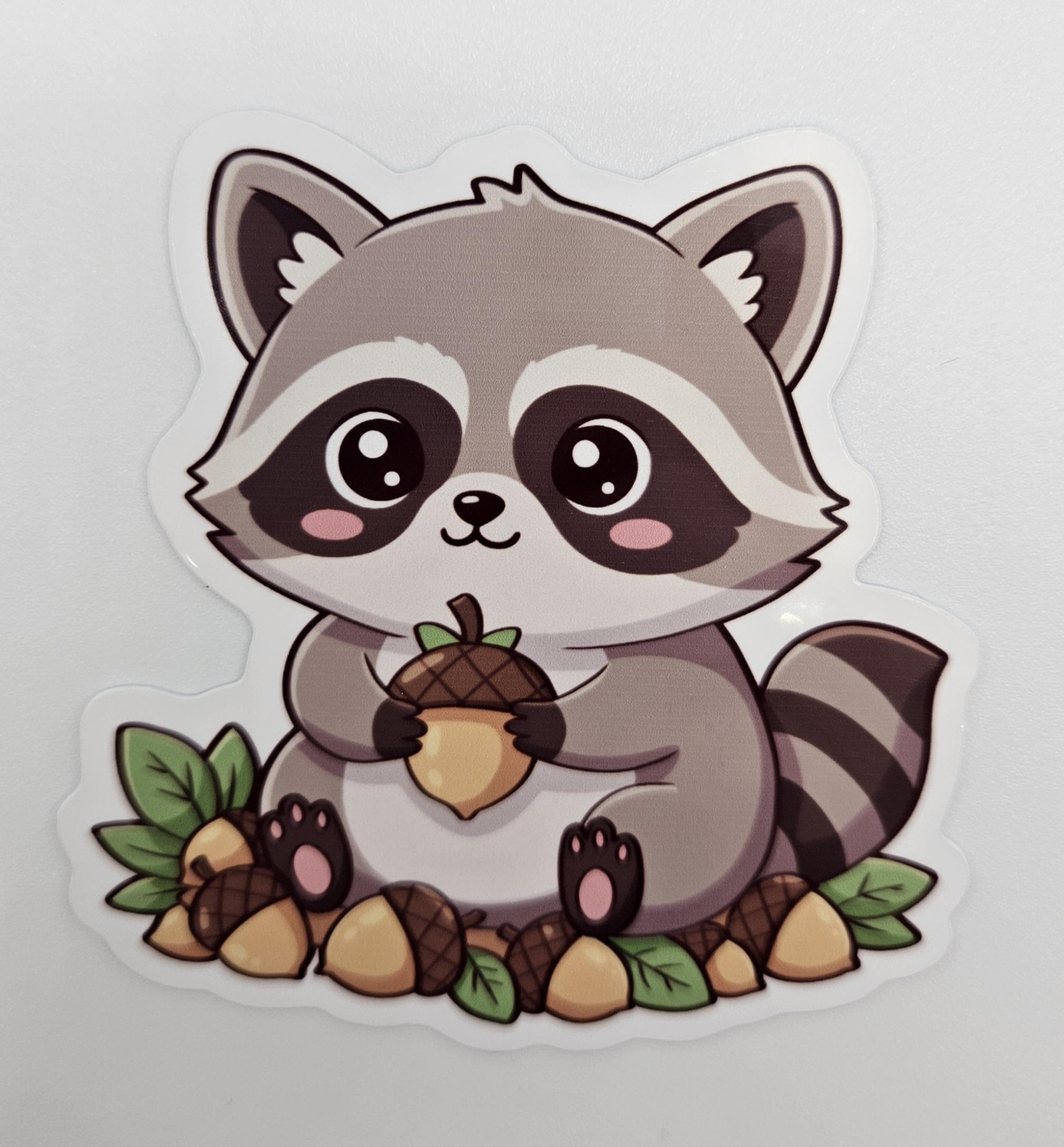 Cute Raccoon Sticker – Kawaii Woodland Animal Vinyl Sticker – Acorn ...