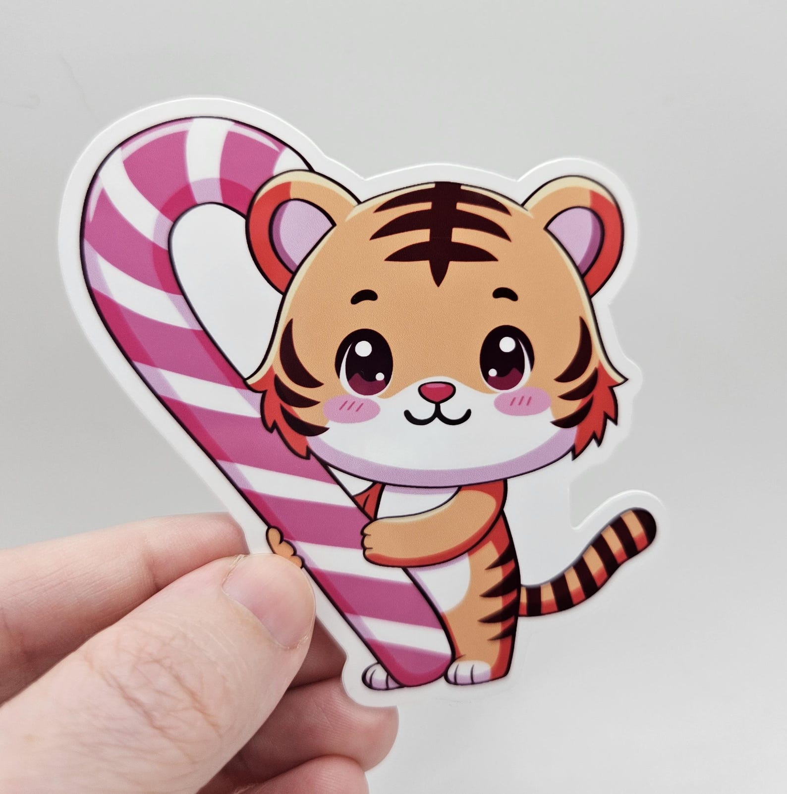 Cute Tiger Christmas Sticker – Candy Cane Tiger Vinyl Sticker – Kawaii ...
