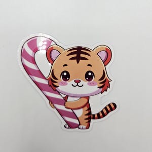 Cute Tiger Christmas Sticker – Candy Cane Tiger Vinyl Sticker – Kawaii ...