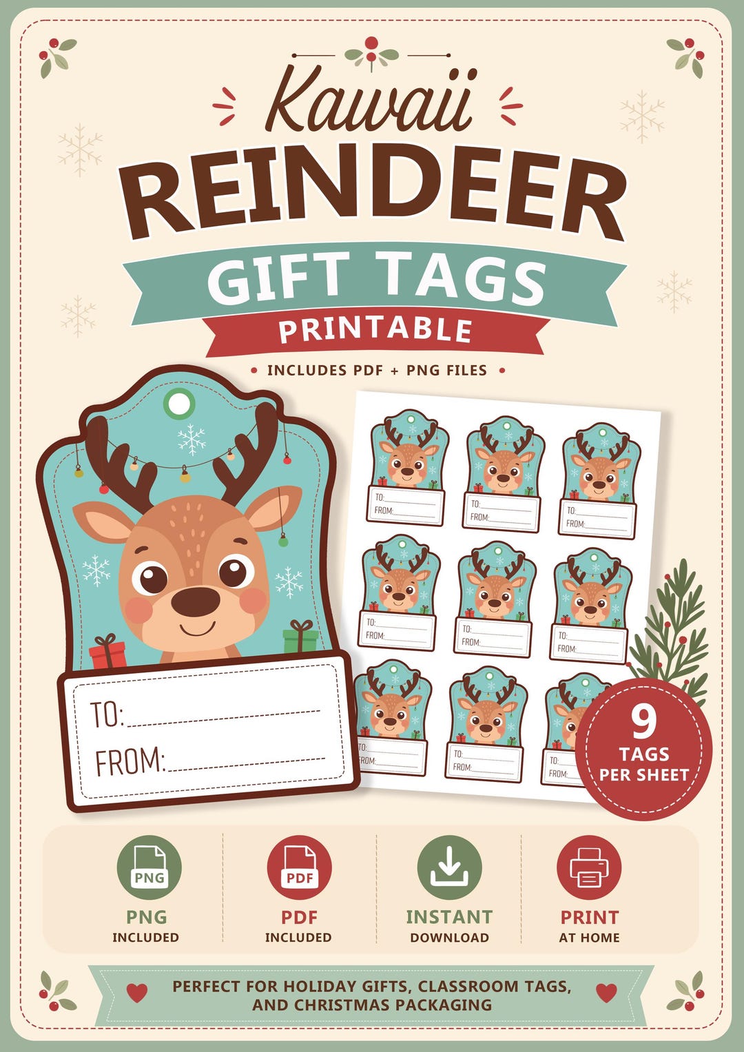 Kawaii Reindeer Gift Tags Printable – Cute Christmas Gift Tags ...