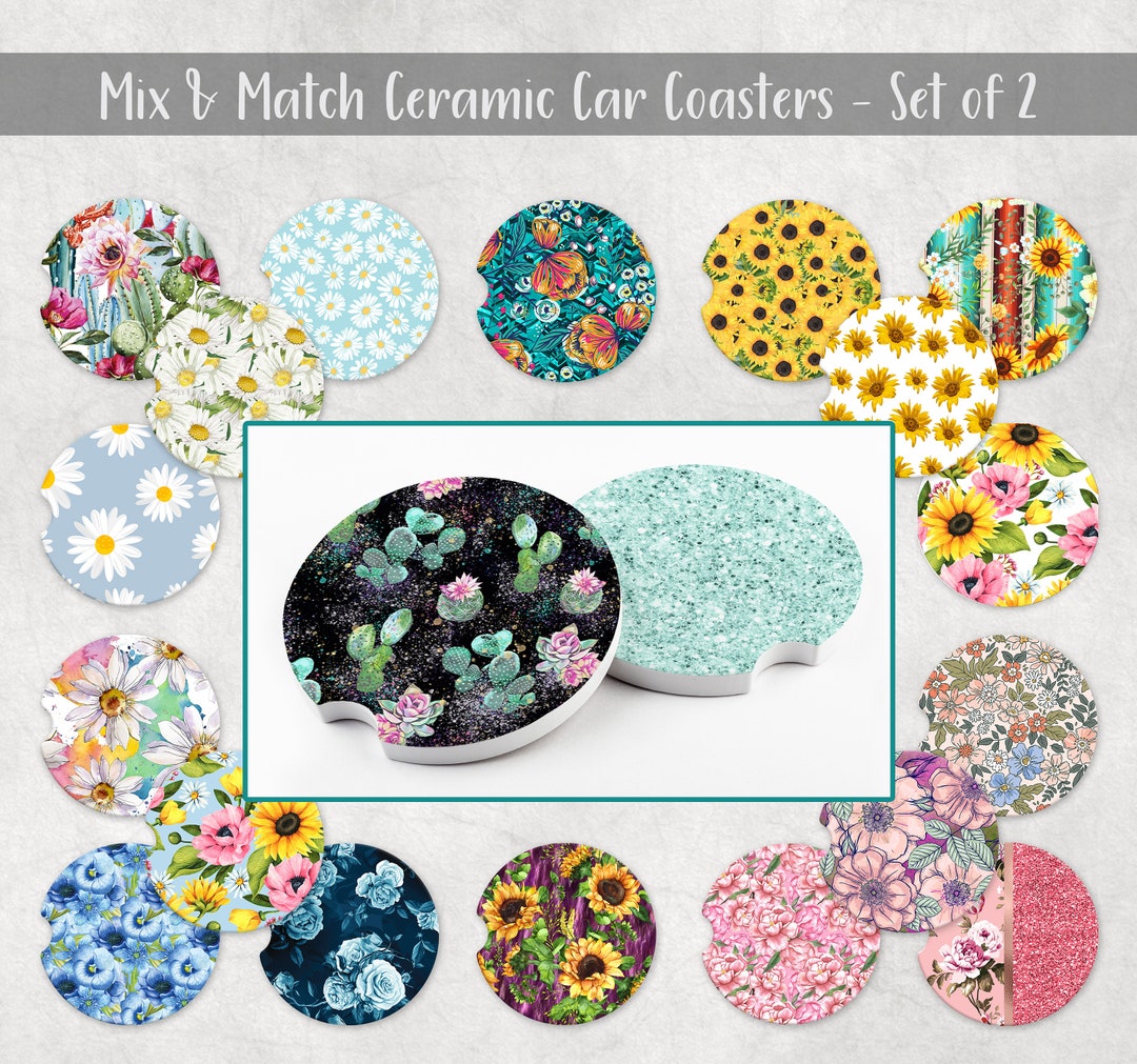Mix and Match Ceramic Car Coasters Set of 2 Floral Stripes Geometric ...