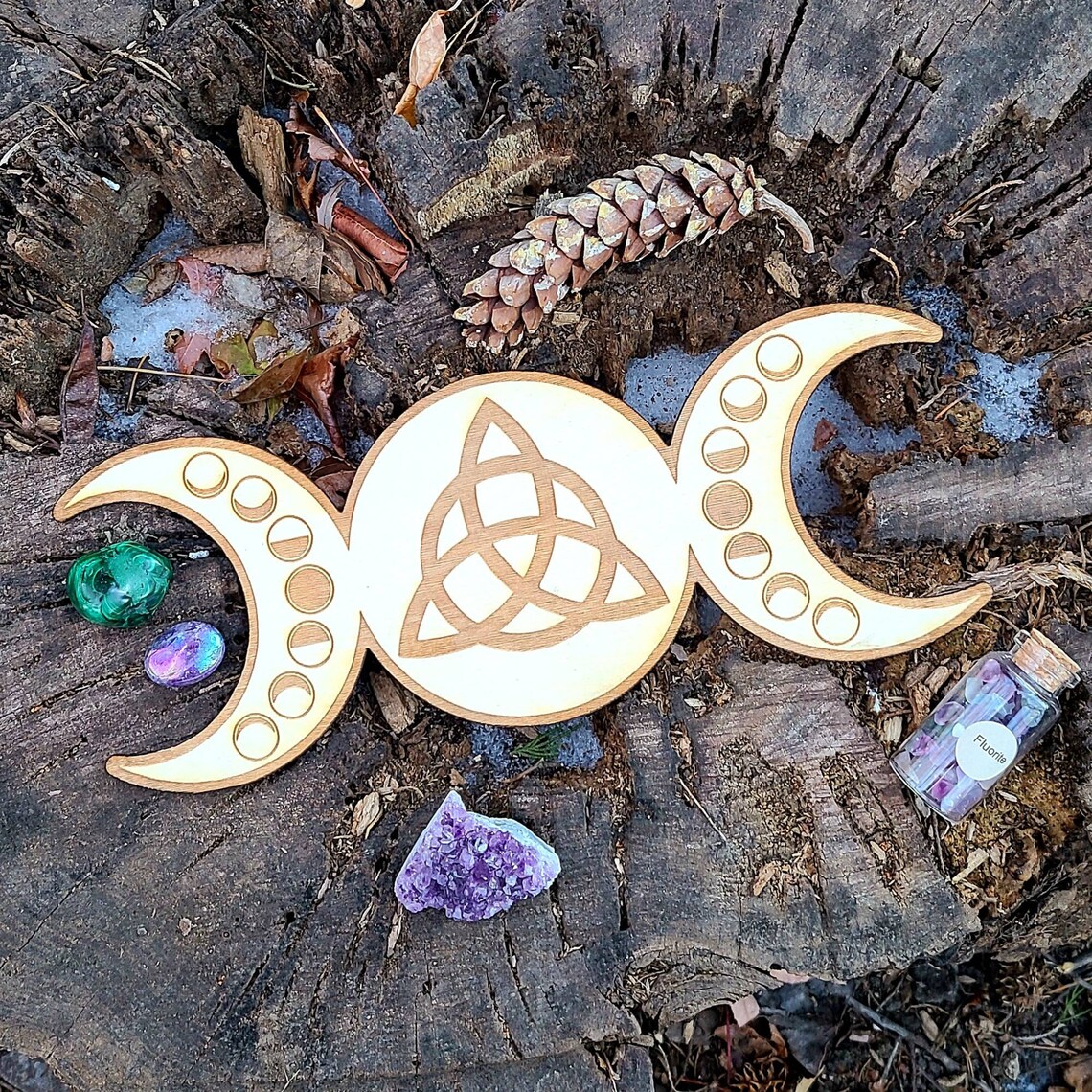 12" Triple Moon Crystal Grid Board, Lasercut Birch, Triple Goddess Art ...