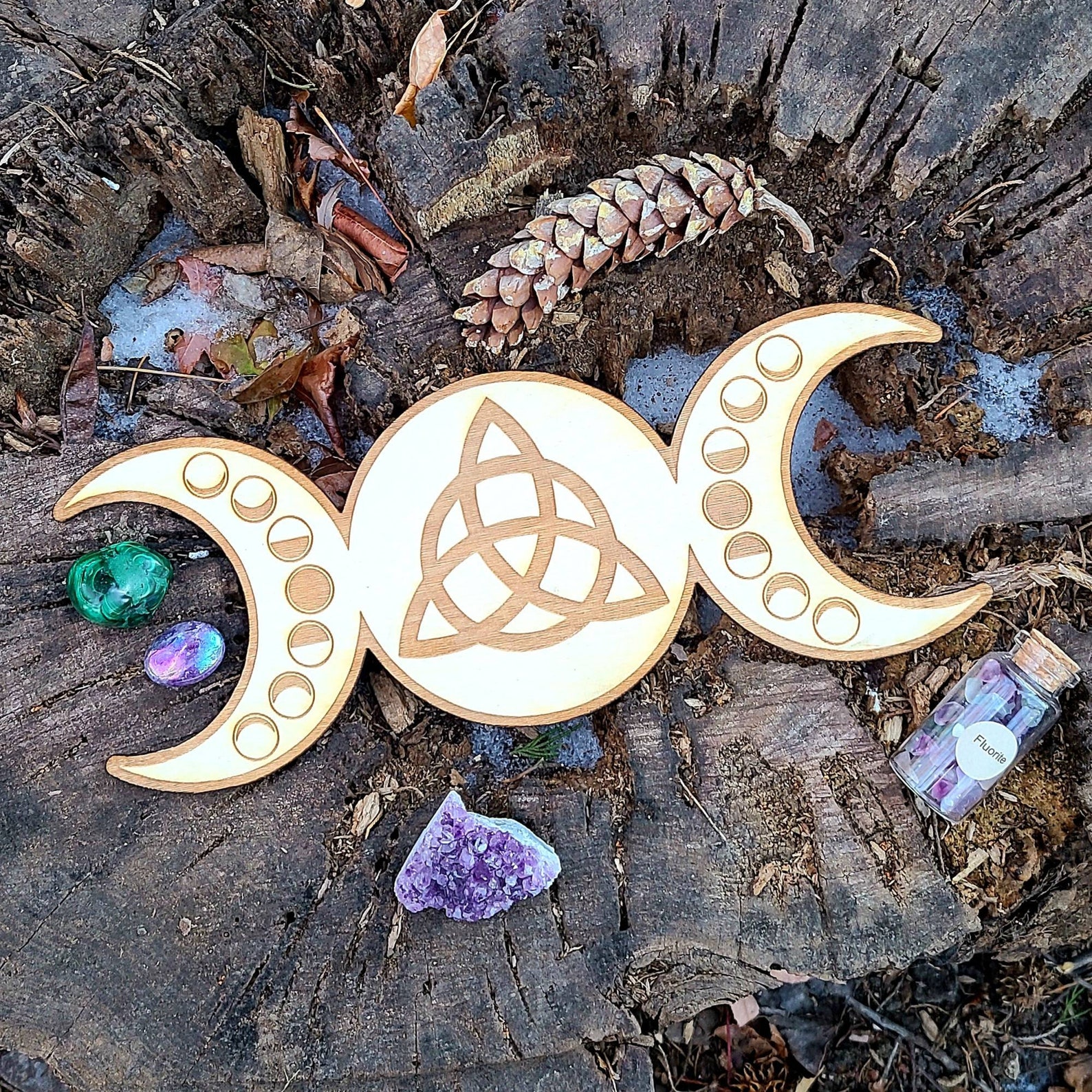 12" Triple Moon Crystal Grid Board, Lasercut Birch, Triple Goddess Art ...