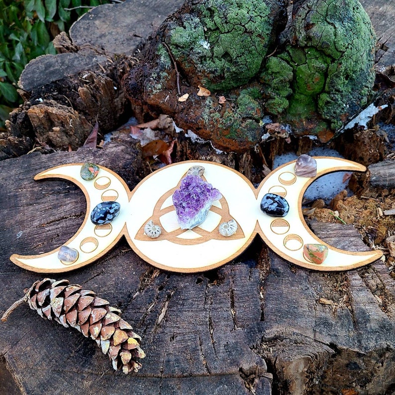 12" Triple Moon Crystal Grid Board, Lasercut Birch, Triple Goddess Art ...