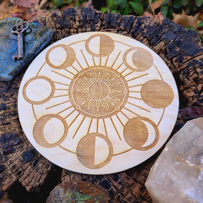 6" Moon Phase Wood Crystal Grid Board, Lasercut Birch Altar Tile, Lunar ...