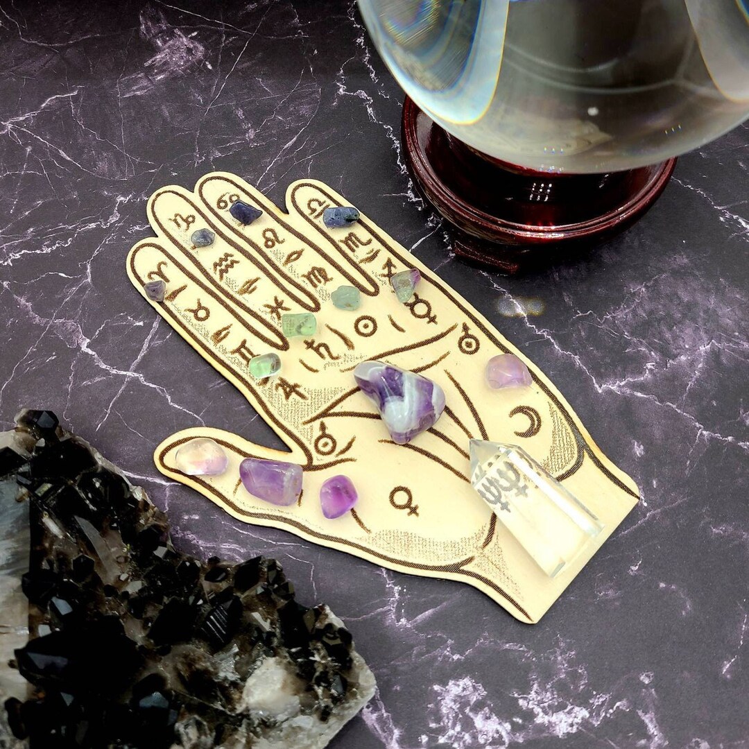 7" Palmistry Hand Crystal Grid Board, Lasercut Birch Wood, Palm Reading ...