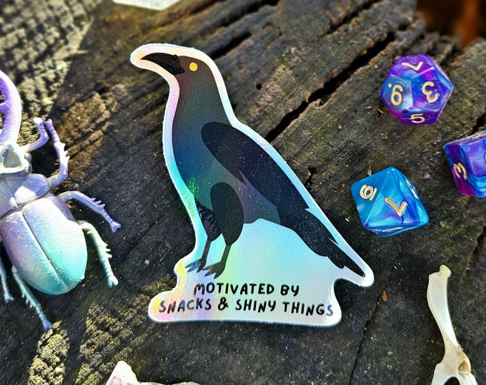 Snacks & Shiny Things Crow Sticker, 3" Vinyl Decal, Funny Holographic ...