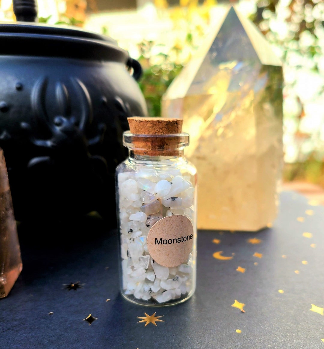 Rainbow Moonstone Chips, 1.5 Oz Gemstone Chips Corked Glass Bottle ...