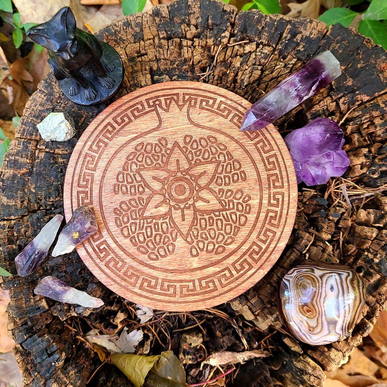 6" Persephone Wooden Crystal Grid Board, Pomegranate Daffodil Evil Eye ...