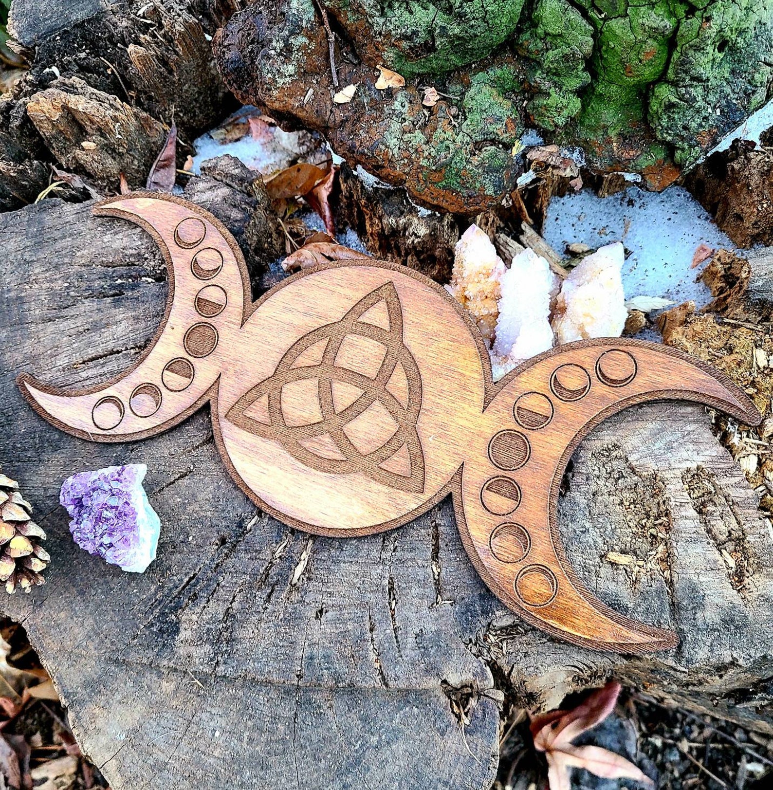 12" Triple Moon Crystal Grid Board, Lasercut Birch, Triple Goddess Art ...