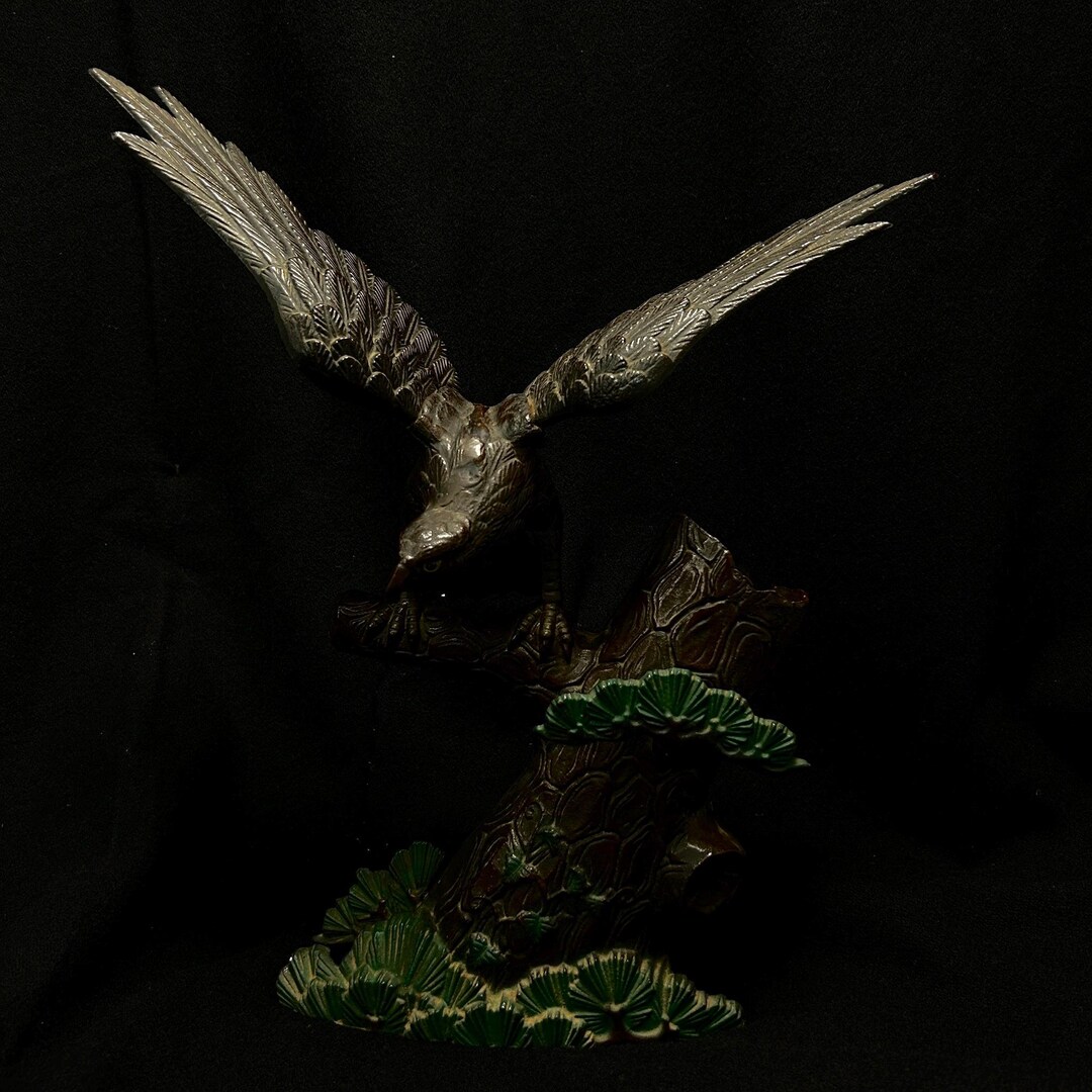 Japanese Old Vintage Iron Hawk on Pine Tree/room Guardian Sculpture ...