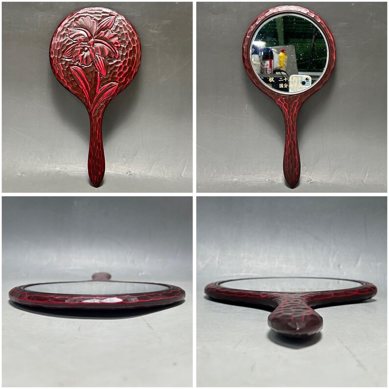 Vintage Japanese Hand Mirror Flower Carved/wooden Handle Mirror ...