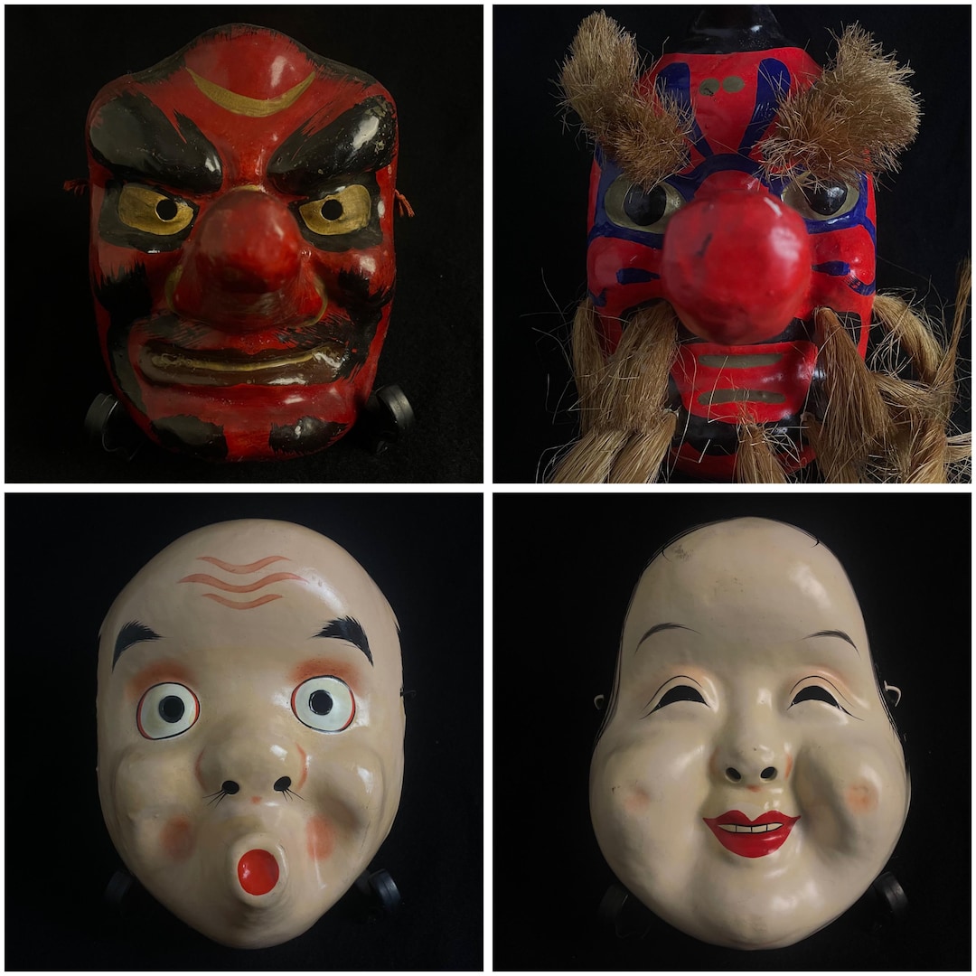 Japanese Antique 4 Noh Masks Tengu/otafuku/hyottoko/kabuki/free ...