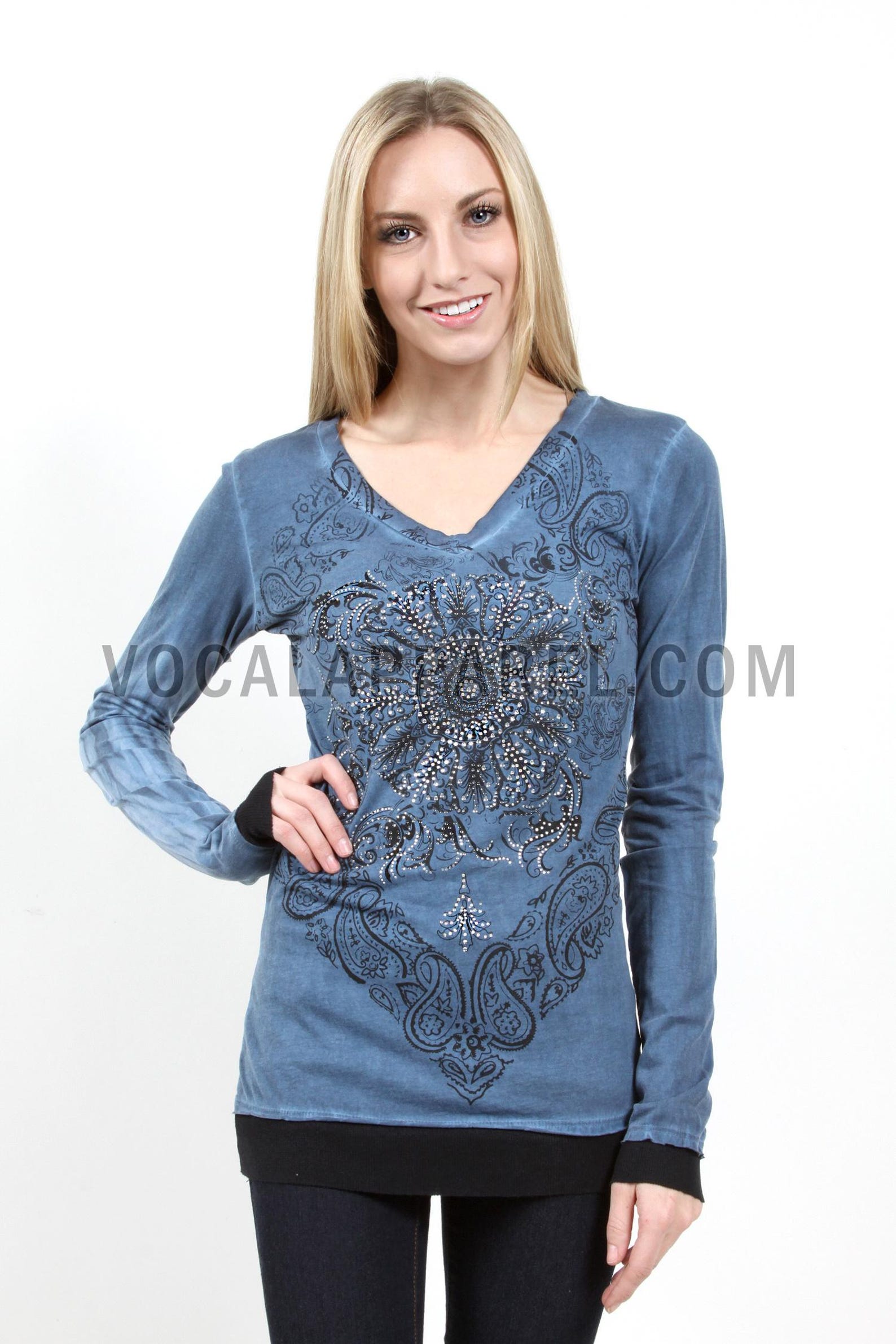 Vocal Apparel Women's Teal Long Sleeve Top With Mandala Flourish Design ...