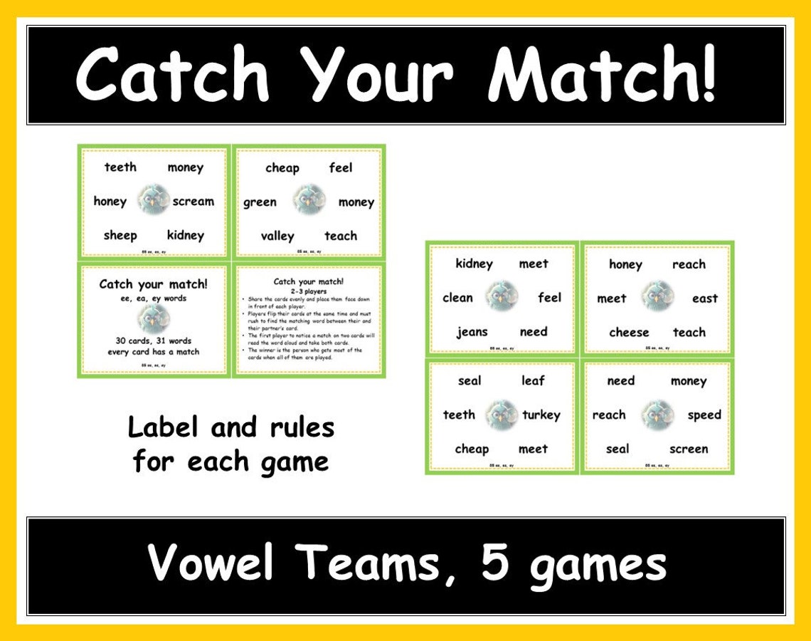Catch Your Match, Spot It Style 5 Games, Vowel Teams, Phonics, ELA ...