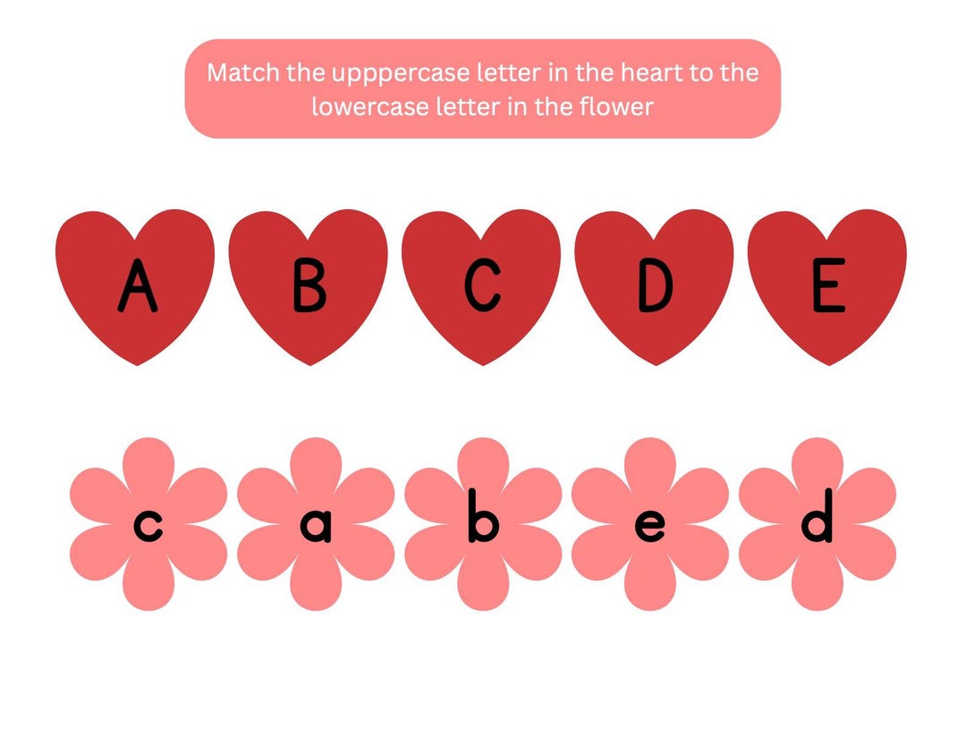 Matching Uppercase and Lowercase Letter Worksheet in Valentine Theme - Etsy