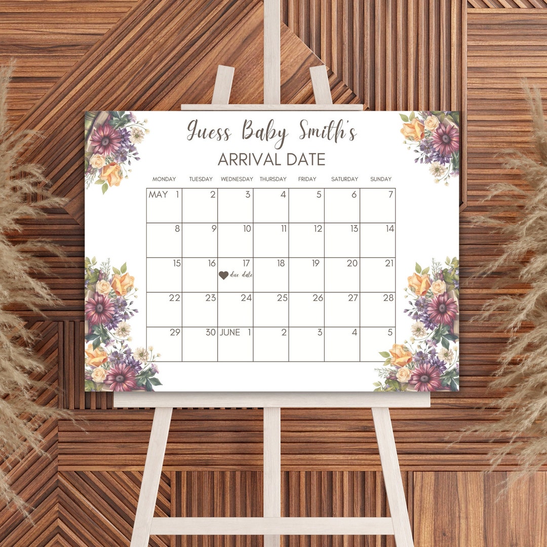 Baby Shower Due Date Calendar Digital Editable | A New Chapter Theme ...
