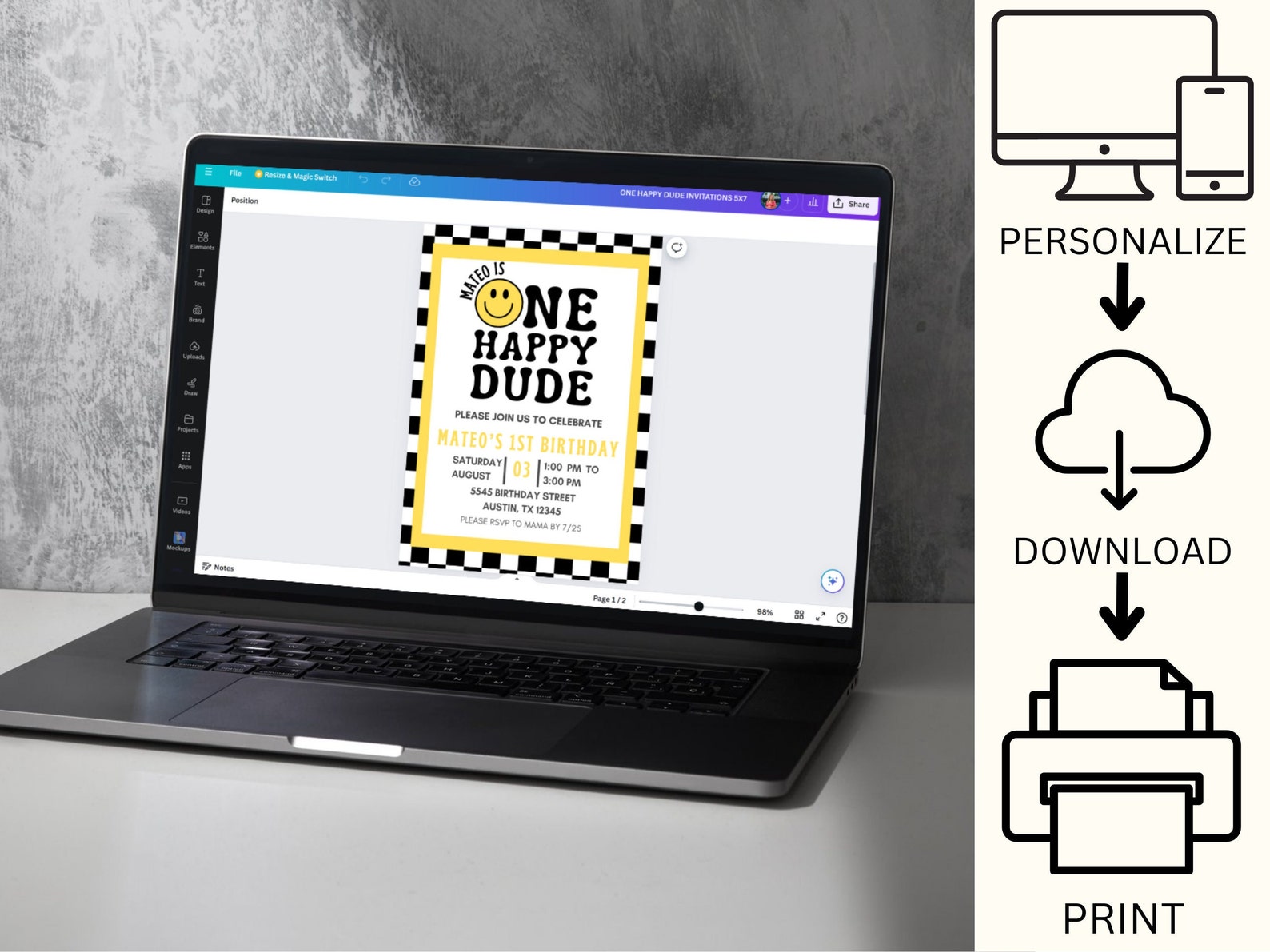 Editable Digital "one Happy Dude" Birthday Invitation | Canva Template ...