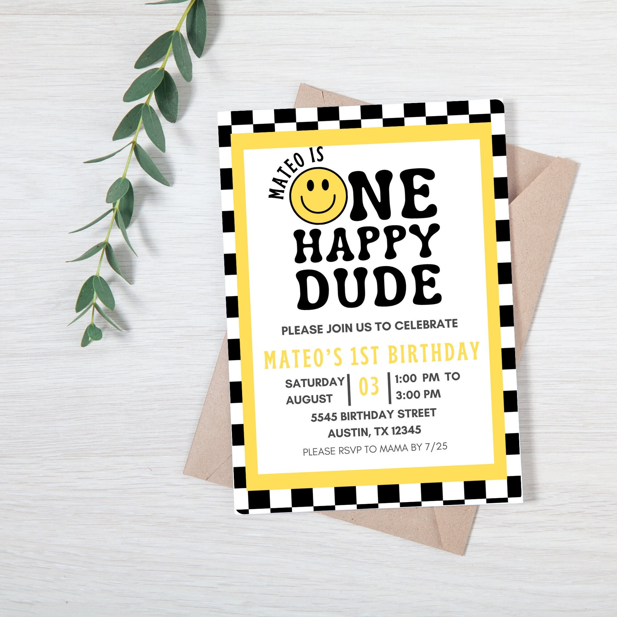 Editable Digital "one Happy Dude" Birthday Invitation | Canva Template ...