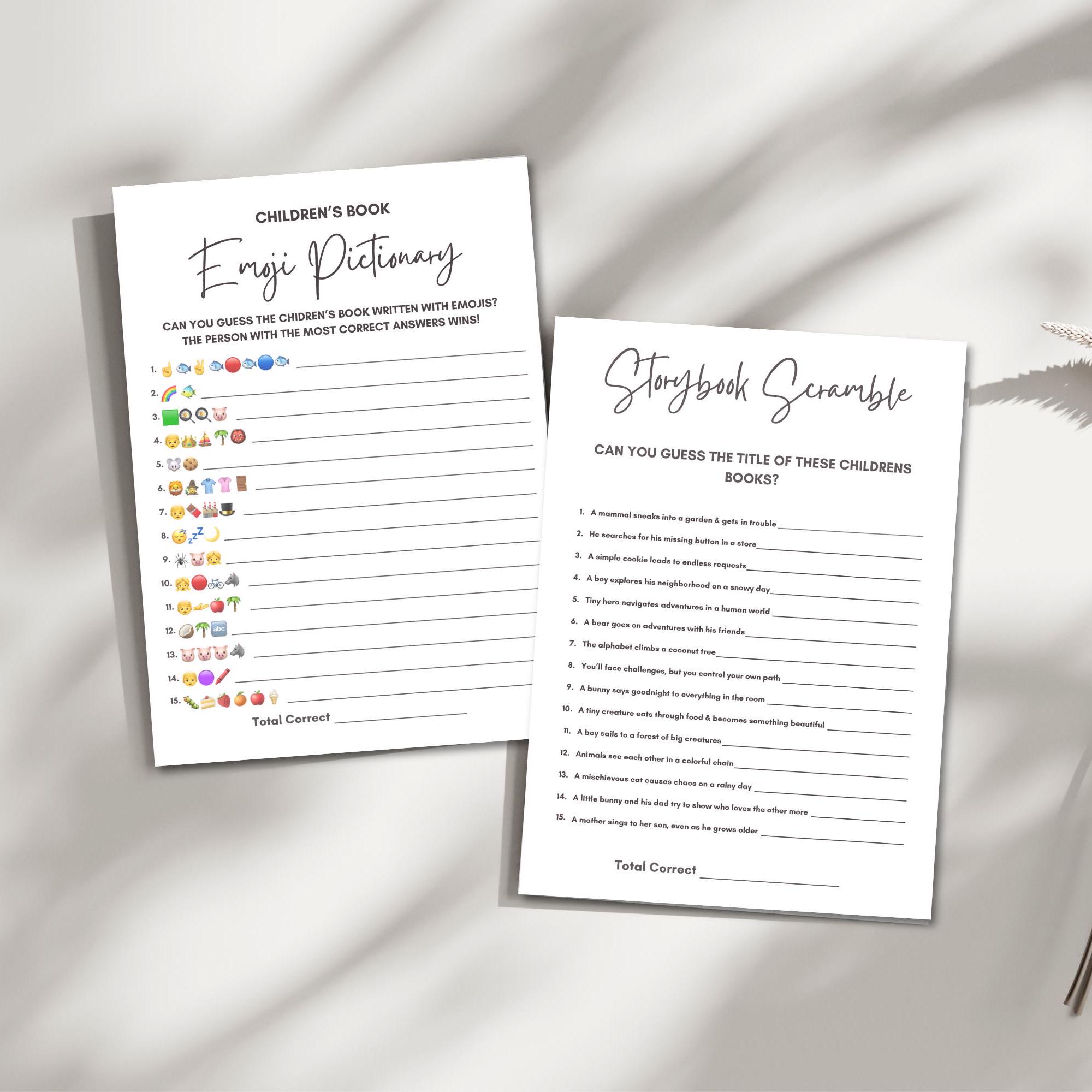 Baby Shower Games Printable Booklet | Storybook Scramble & Emoji ...