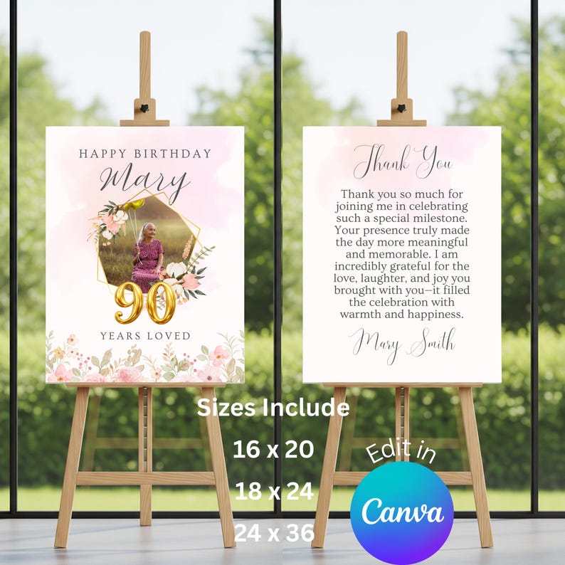90th Birthday Welcome Sign | Floral Gold Party Decor (digital Download ...