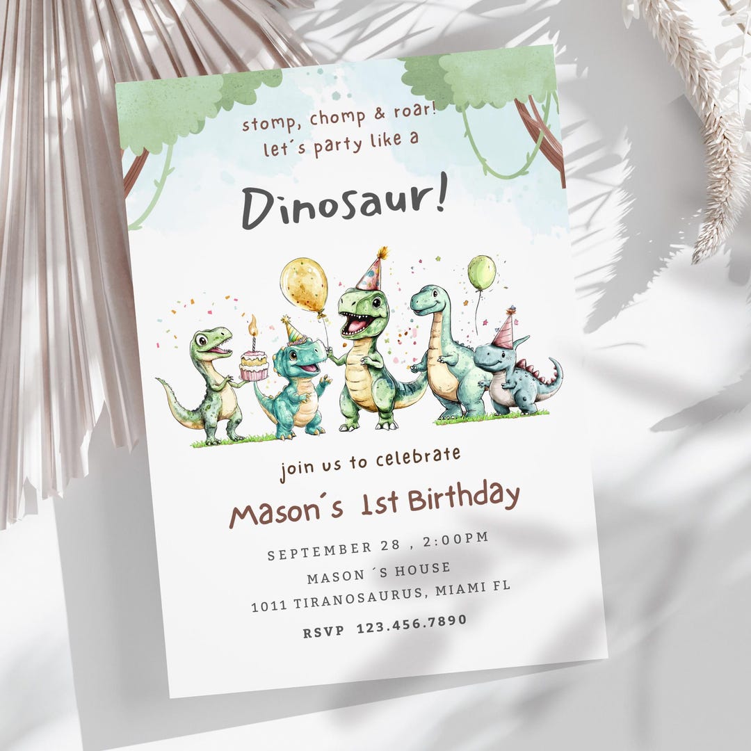 Dinosaur First Birthday Invitation, Boy One-a-saurus Dinosaur ...