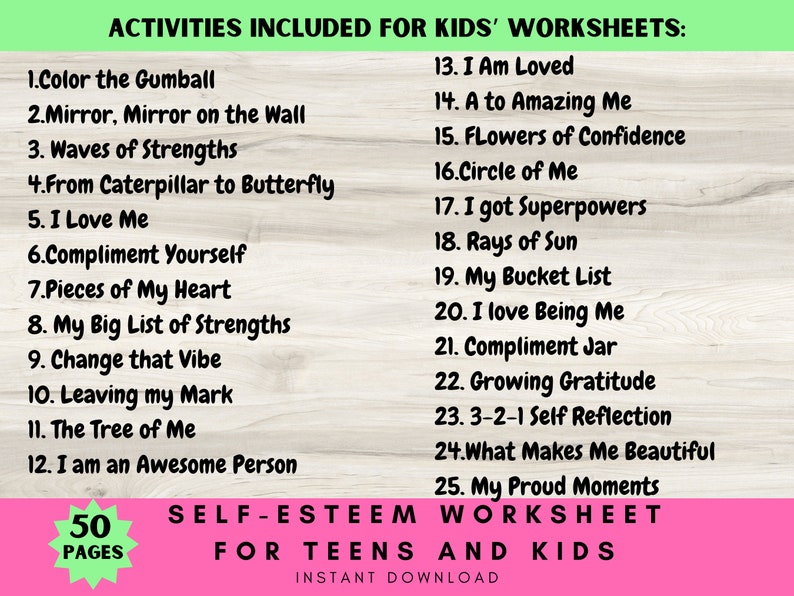 Self-esteem Worksheets for Teens and Kids,mental Health, Teen, Therapy ...