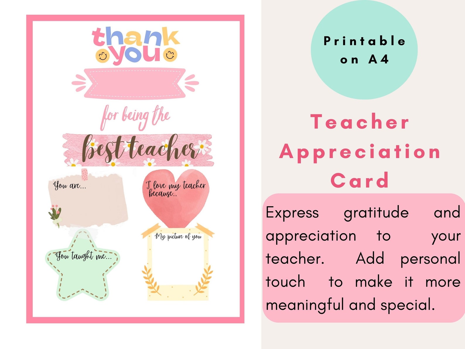 Teacher Appreciation Card: Printable Thank You Notes (A4) - Etsy