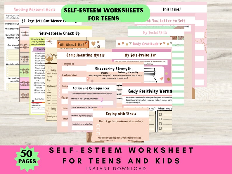 Self-esteem Worksheets for Teens and Kids,mental Health, Teen, Therapy ...