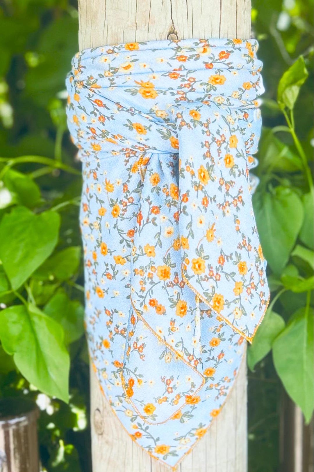 Soft, Drapey Wild Rag, Blue Background, Dainty Yellow & Orange Flowers ...