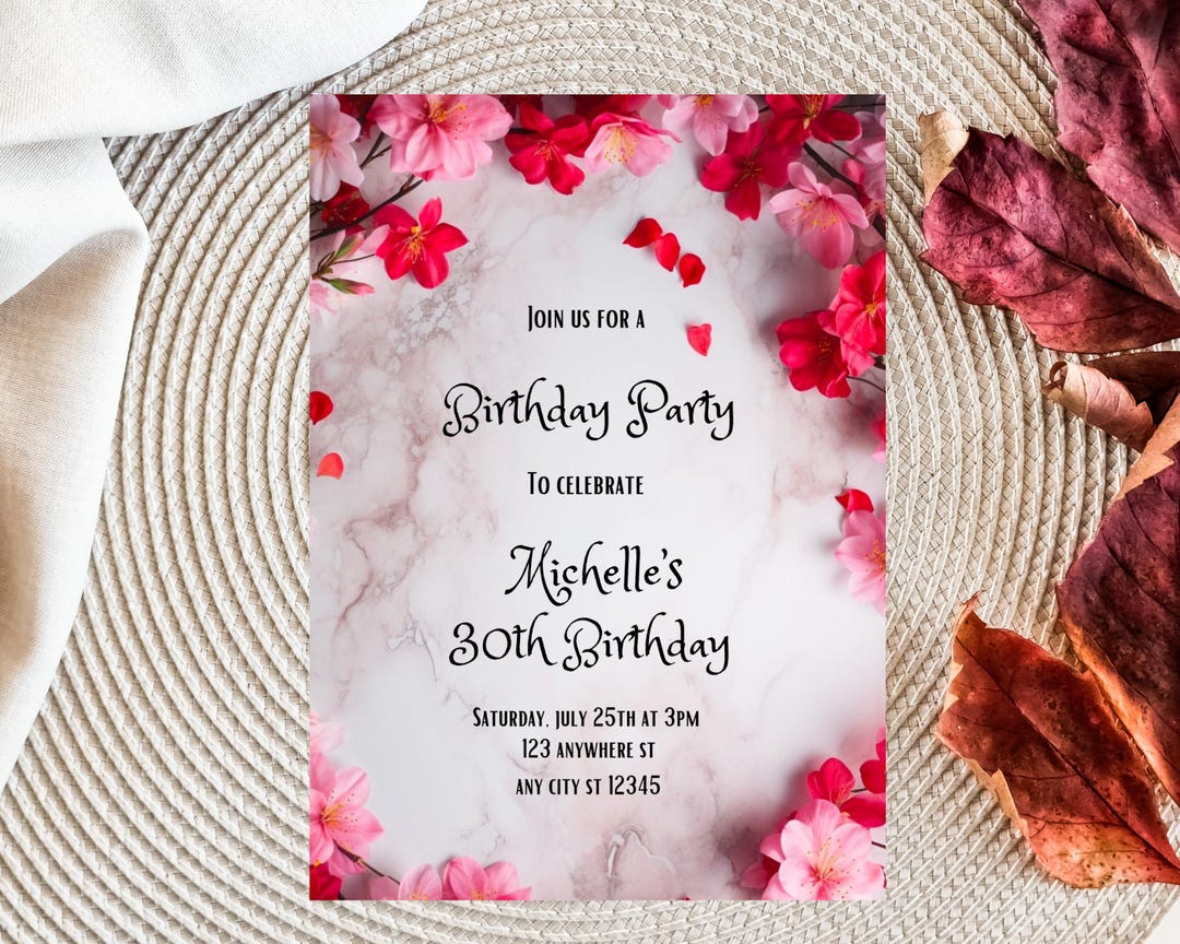 Editable Birthday Invitation, Red Floral Birthday Invitation, Red ...