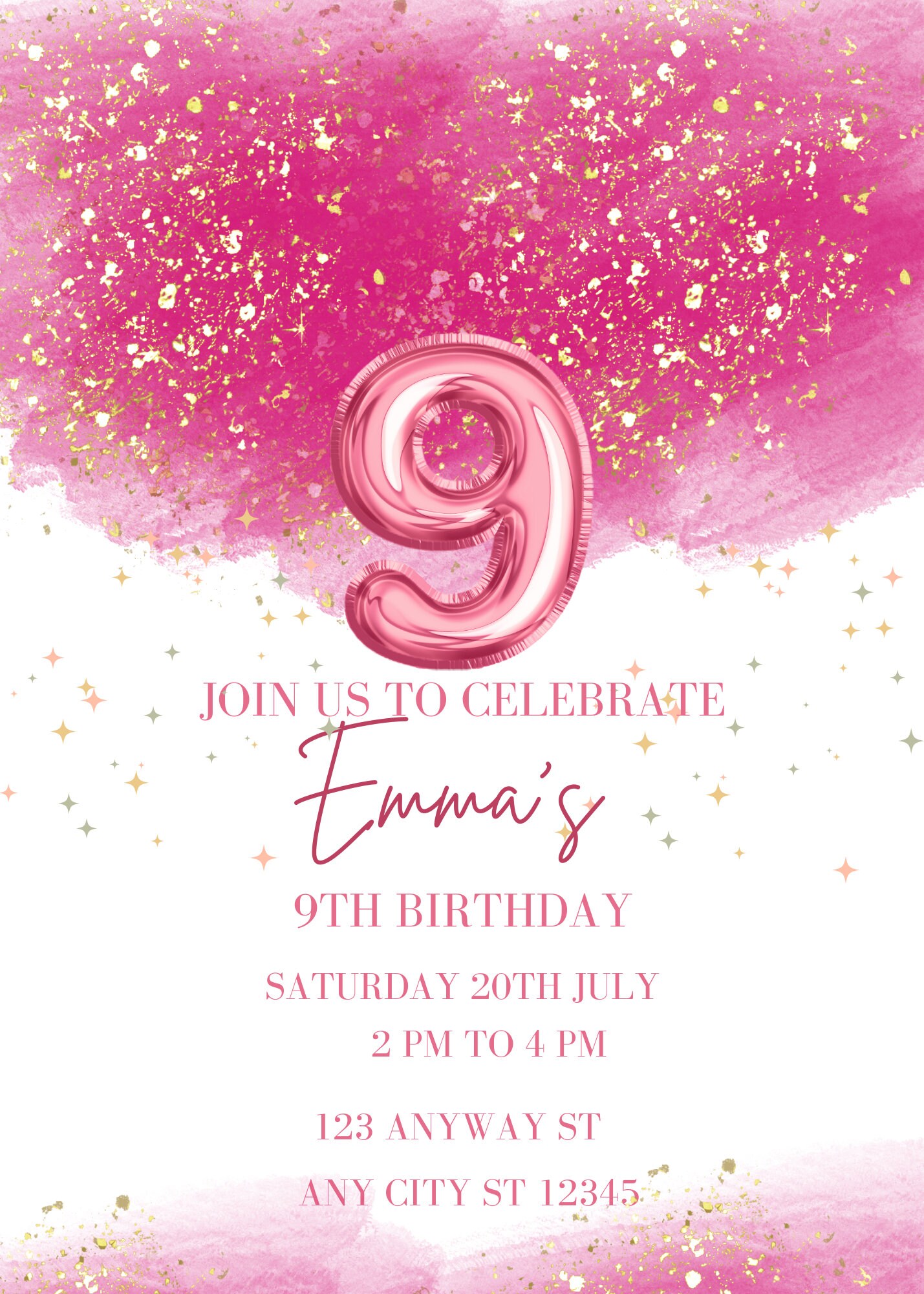 Pink Glitter 9th Birthday Invitation - Etsy