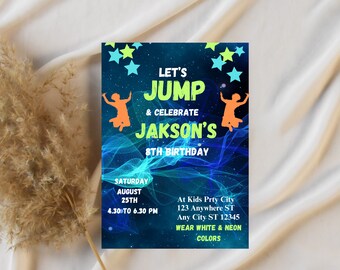 Boys Jump Party Birthday Invitation Neon Glow Jump & Celebrate ...