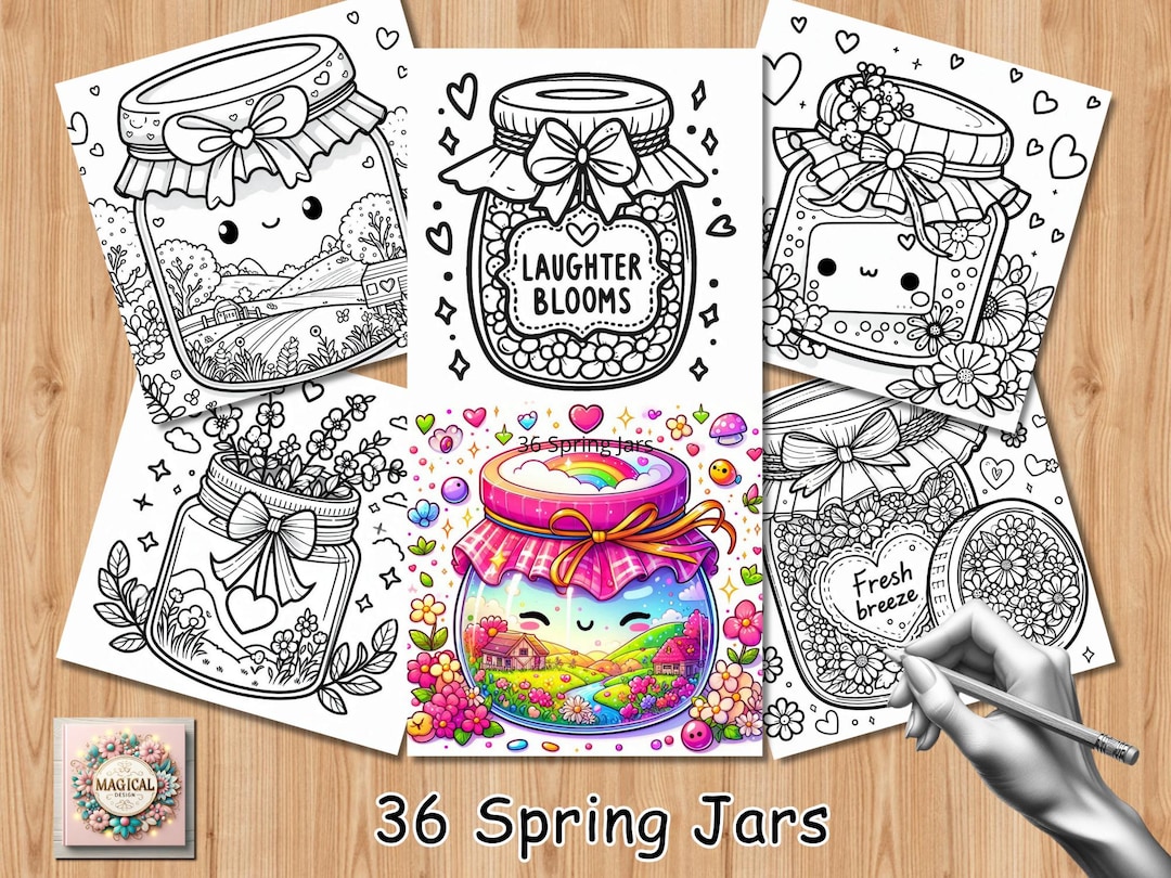 Bold and Easy Coloring Pages, Cute Spring Jar Coloring Book, Floral ...
