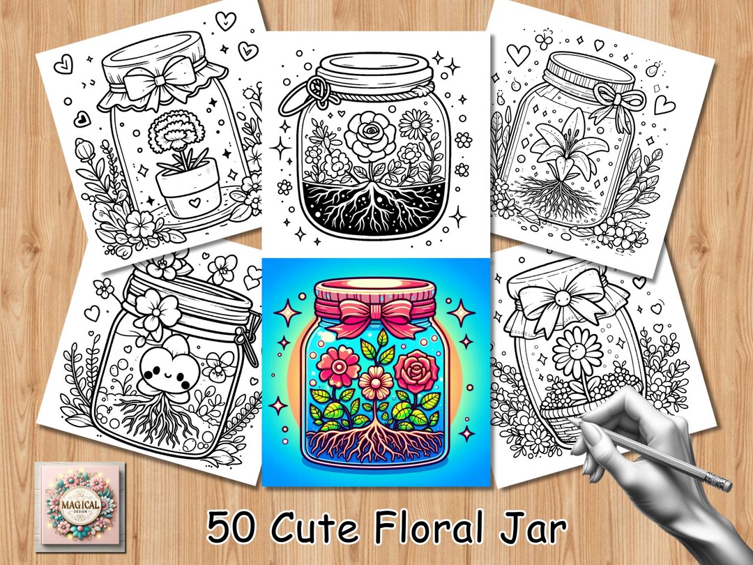 Bold and Easy Coloring Pages, Cute Kawaii Floral Jar Coloring Book, Fun ...