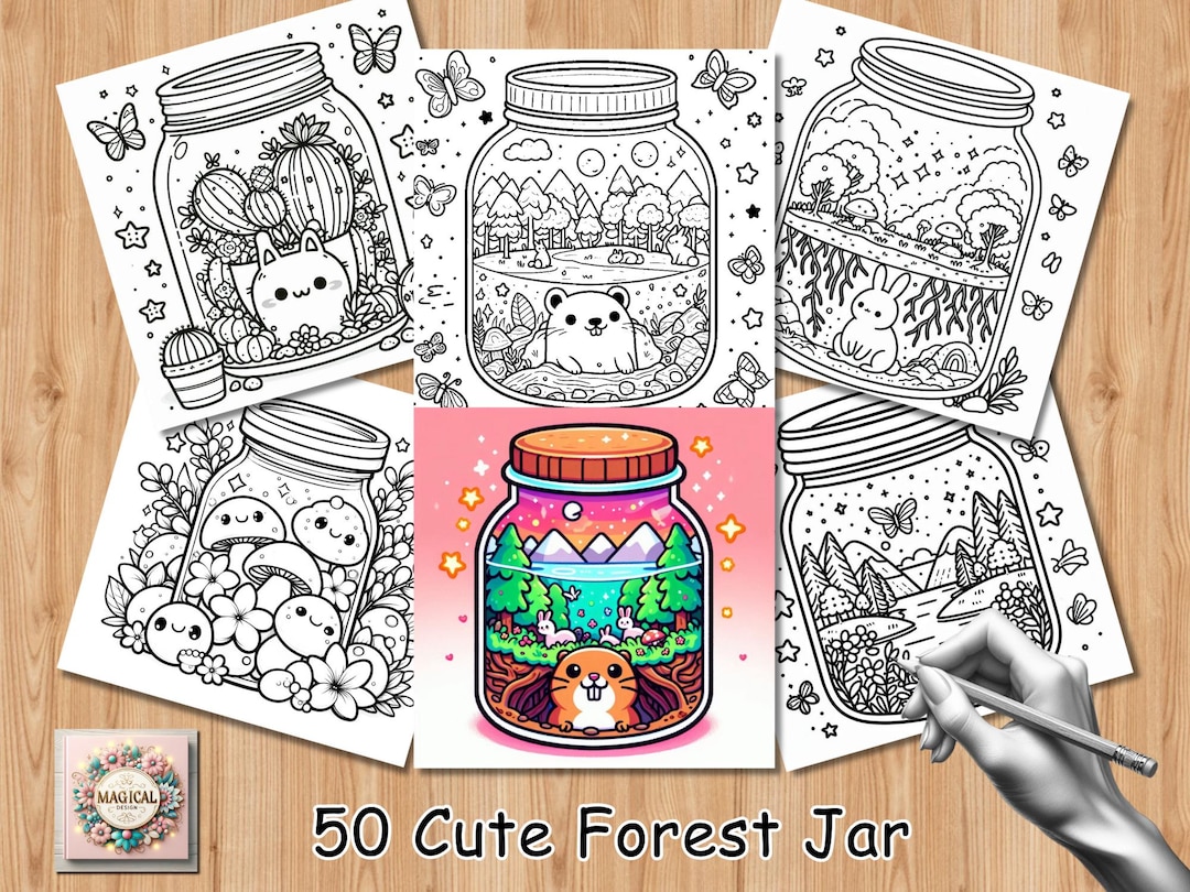 Bold and Easy Coloring Pages, Cute Kawaii Forest Jar Coloring Book ...
