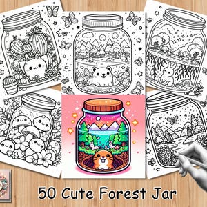 Bold and Easy Coloring Pages, Cute Kawaii Forest Jar Coloring Book ...