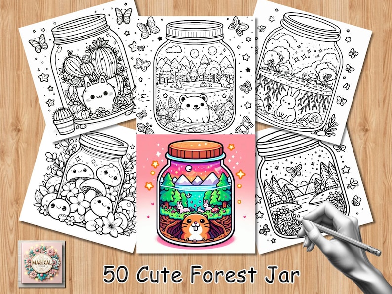 Bold and Easy Coloring Pages, Cute Kawaii Forest Jar Coloring Book ...