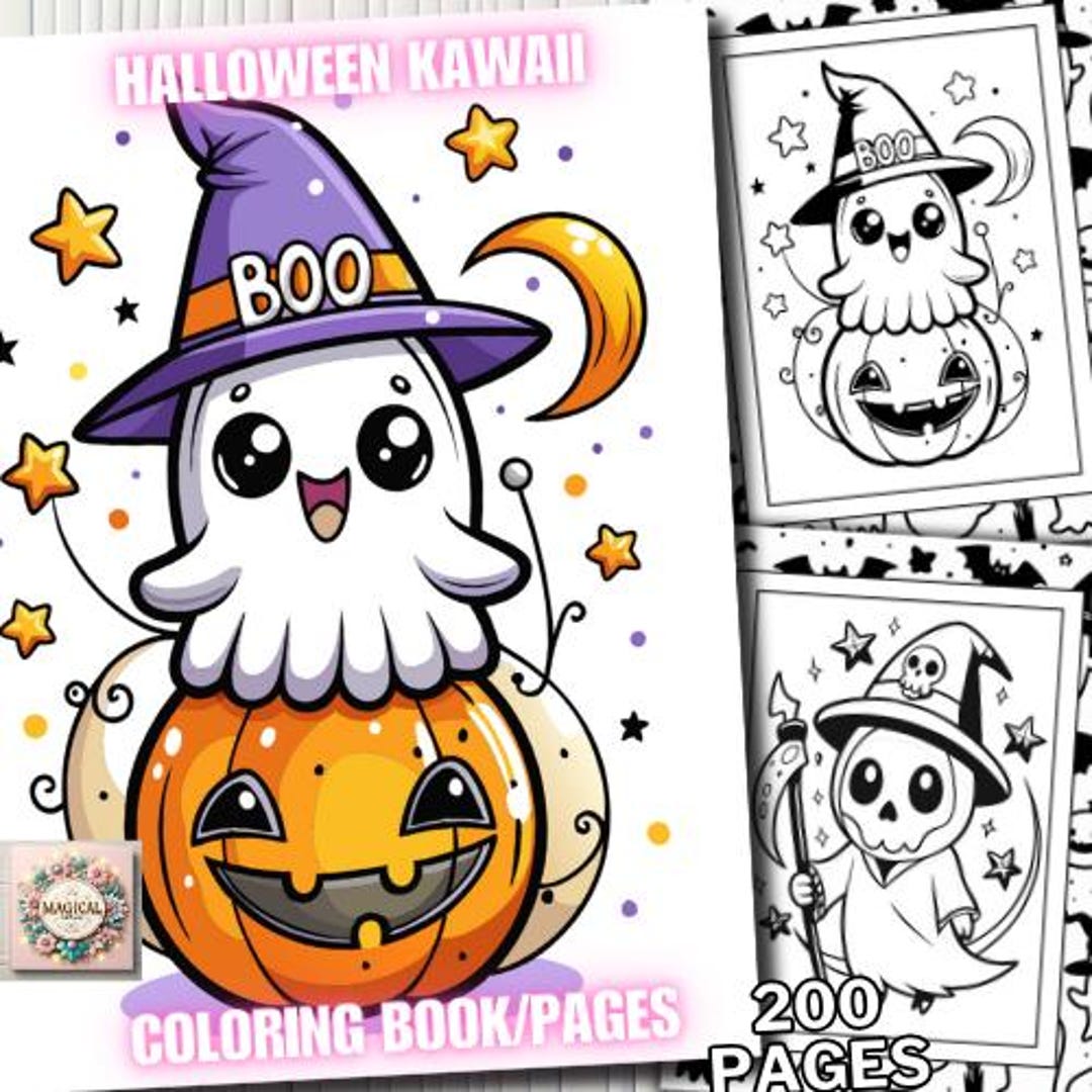 200 Halloween Kawaii Coloring Pages, Cute Ghosts for Kids Coloring Book ...